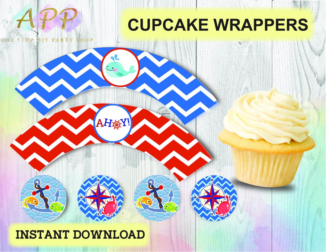 Nautical Cupcake Wrappers Toppers, Anchor Wrapper, Summer Beach ...