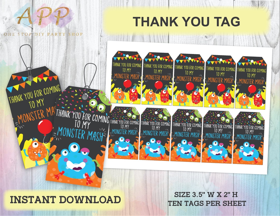 Monster Thank You Tags, Halloween Birthday Thank You Card, Tag Stickers ...