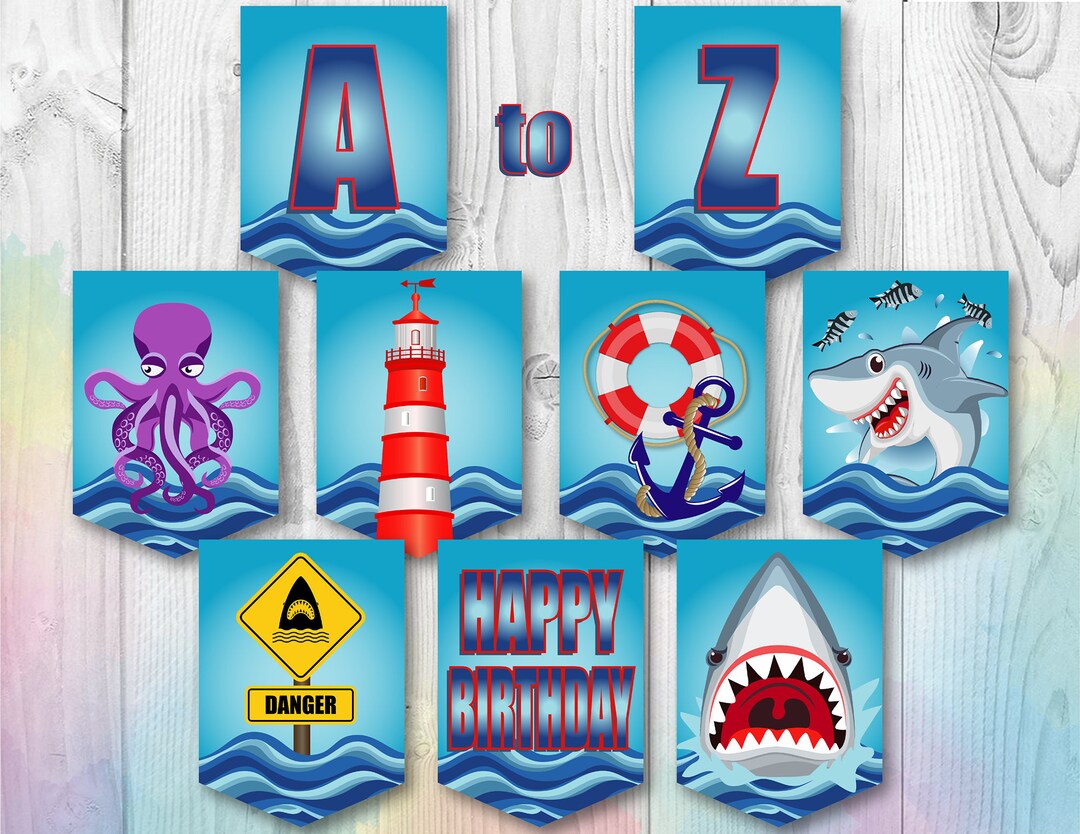 Shark Full Alphabet Banner, A-Z 0-9, Under the Sea Party Decorations ...
