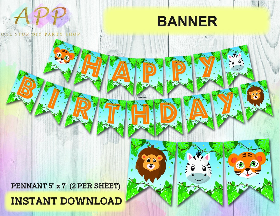 Jungle Safari Birthday Banner, Zoo Animals Party Decorations, Birthday ...