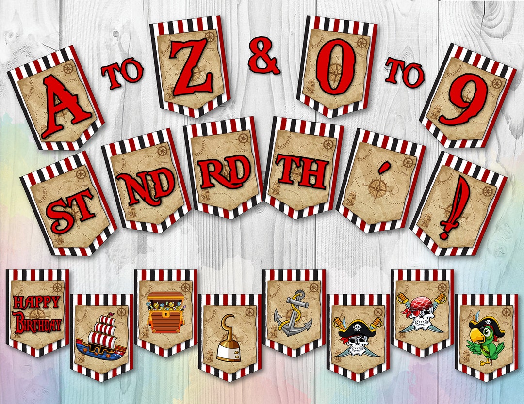 Pirate Themed Full Alphabet A to Z, 0 to 9 and Happy Birthday Banner ...