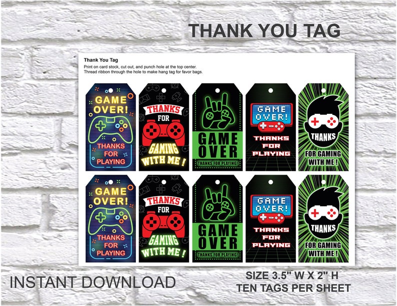 Video Game Thank You Tags Cards Gamer Party Decorations | Etsy