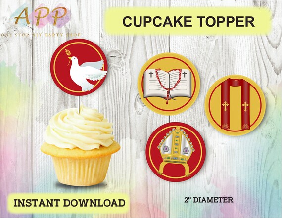 Confirmation Cupcake Toppers Dove Rosary Stickers Red Gold | Etsy