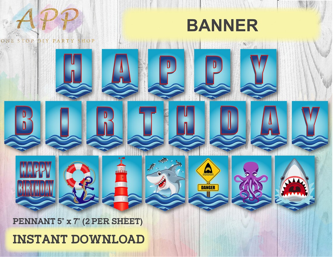 Shark Happy Birthday Banner Under the Sea Party Decorations | Etsy