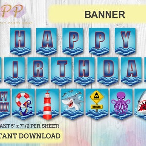 Shark Happy Birthday Banner, Under the Sea Party Decorations, Pool ...