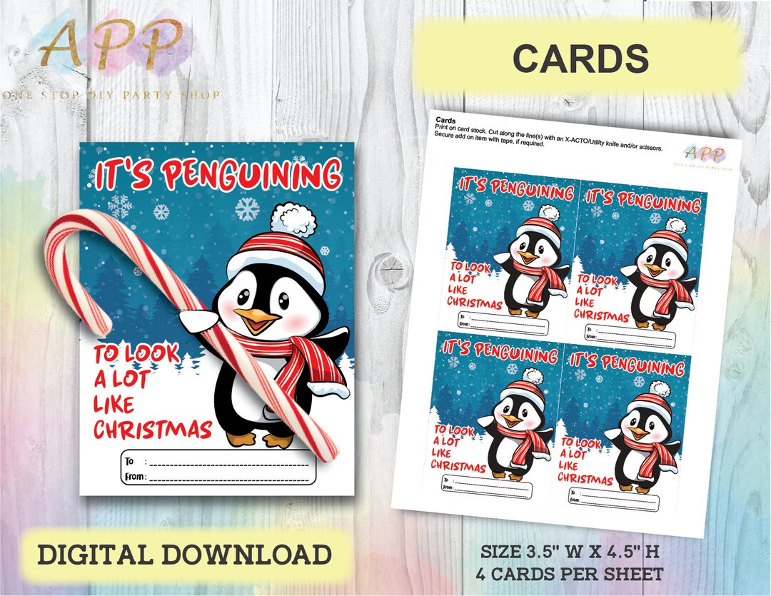 Penguin Candy Cane Pencil Christmas Card, Printable Christmas Card ...