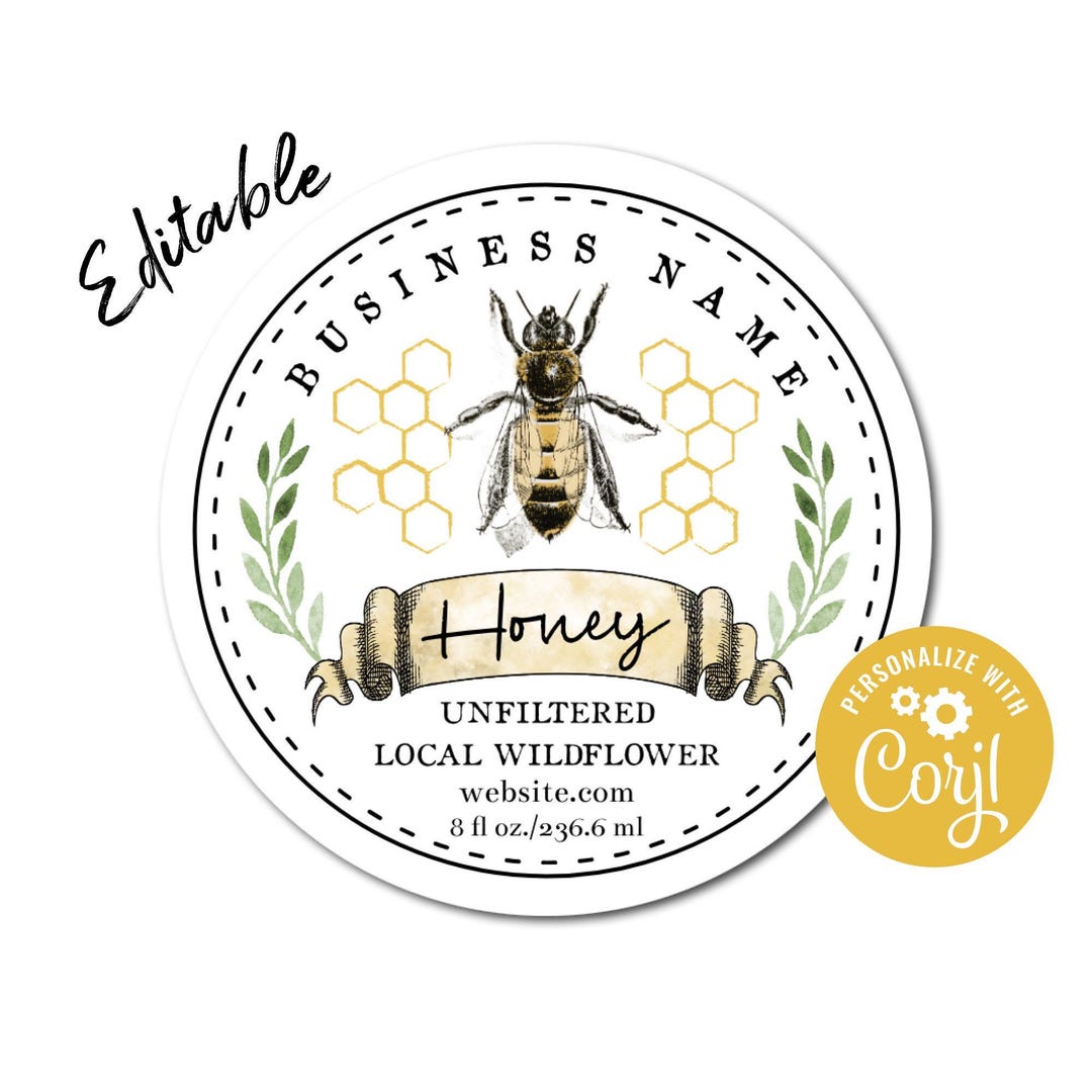 Vintage Bee Honey Label Template. Custom Round Label for Honey Jars ...