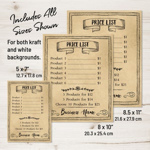 Editable Price List. Printable Business Store Price Sign for Retail ...