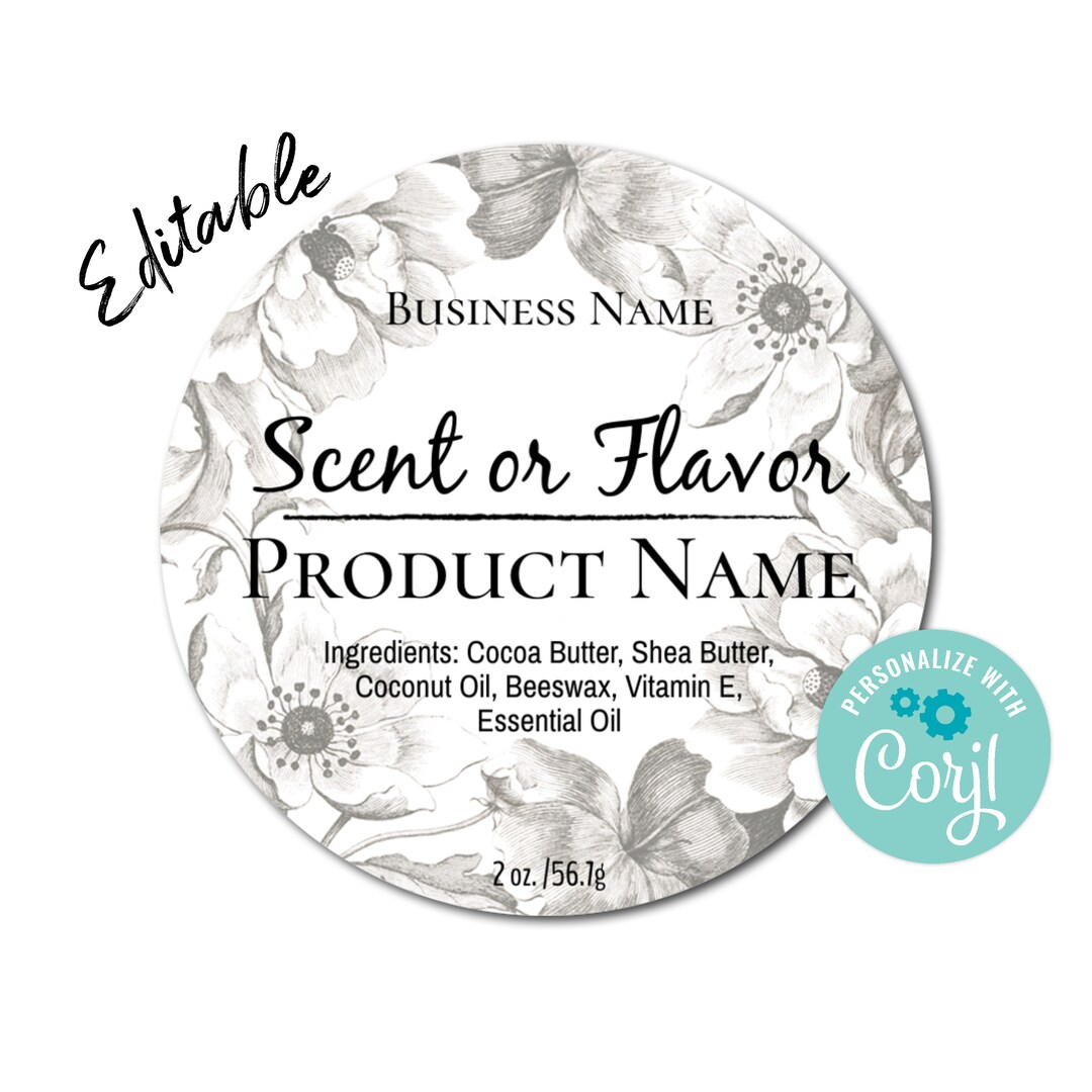 Editable Circle Label Template. Printable Round Engraved Flowers Label ...