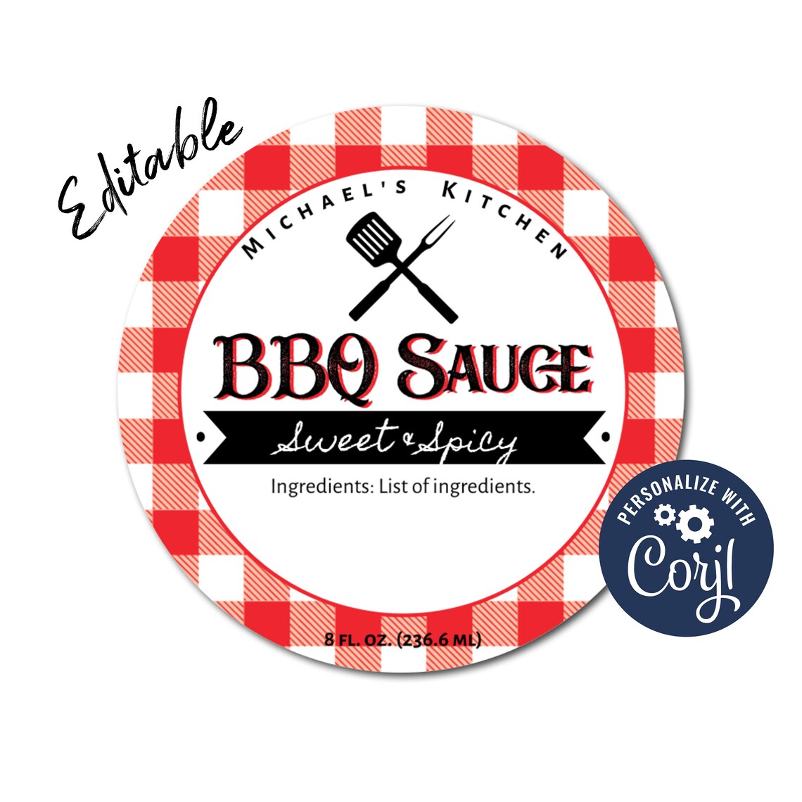 BBQ Sauce Label Red Check Editable Circle Label Edit Label - Etsy