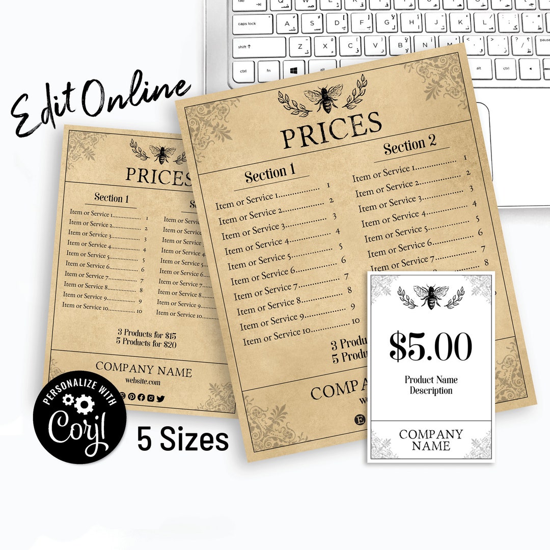 Bee Editable Business Price List. Printable Store Price Sign for Retail ...