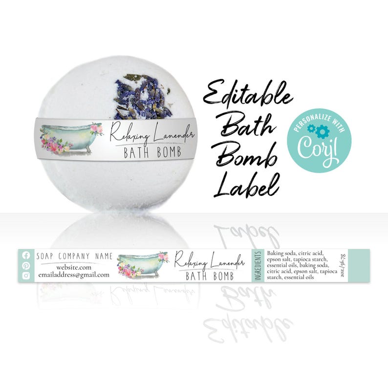 Editable Bath Bomb Label Template, Watercolor Bathtub. Printable 2