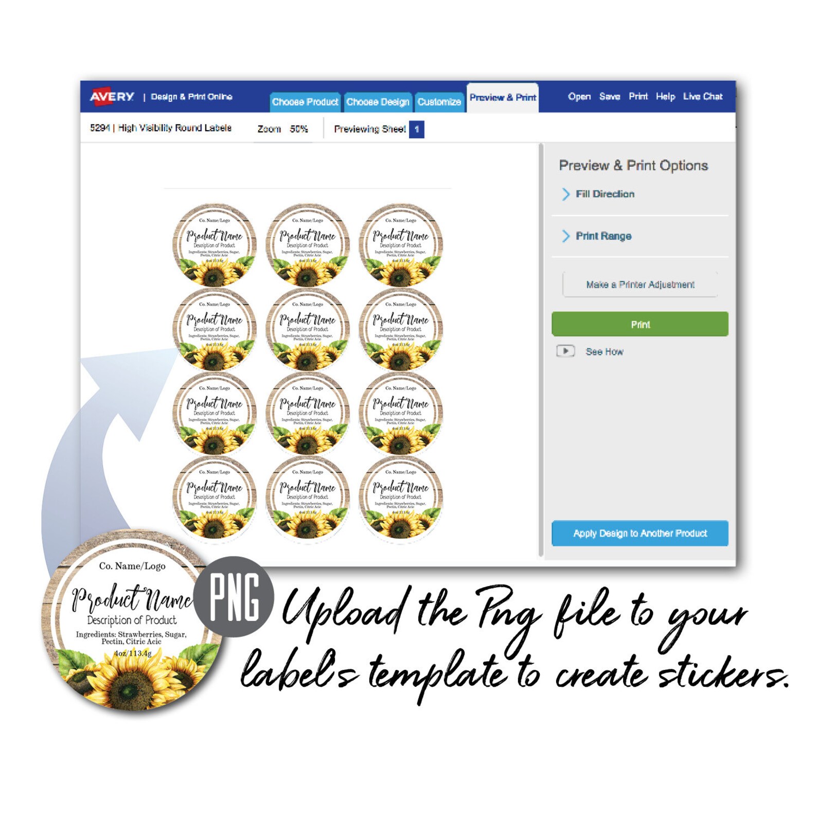 Sunflower Product Label Template. Custom Homemade Product | Etsy