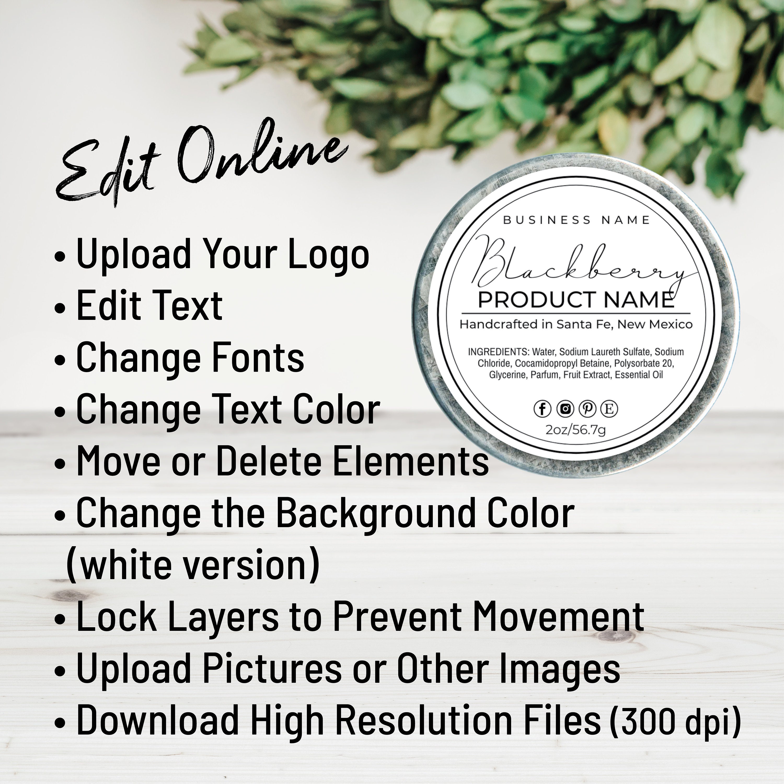 Editable Circle Label Template. White Black Watercolor | Etsy