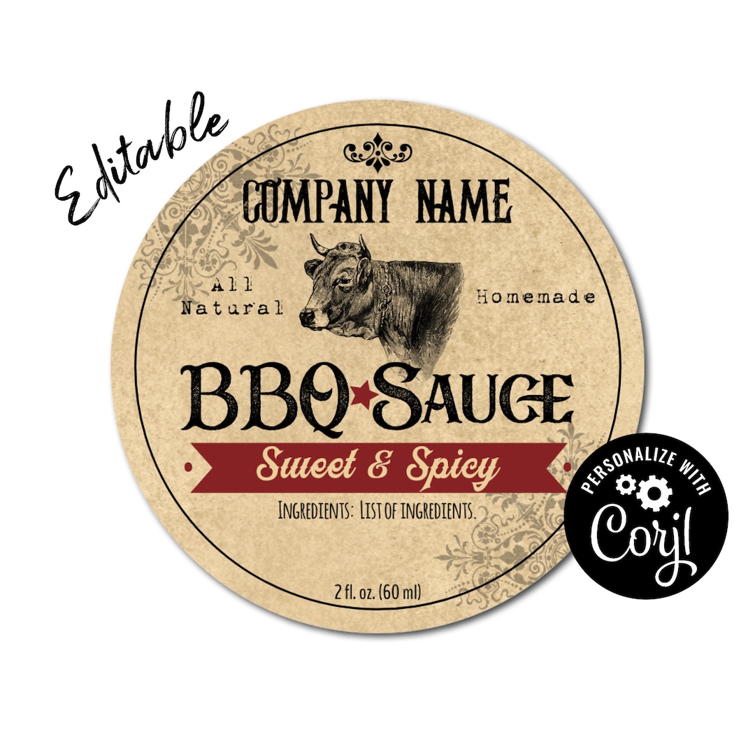BBQ Sauce Label Template. Round Cattle Sticker Labels for Jars, Bottles ...