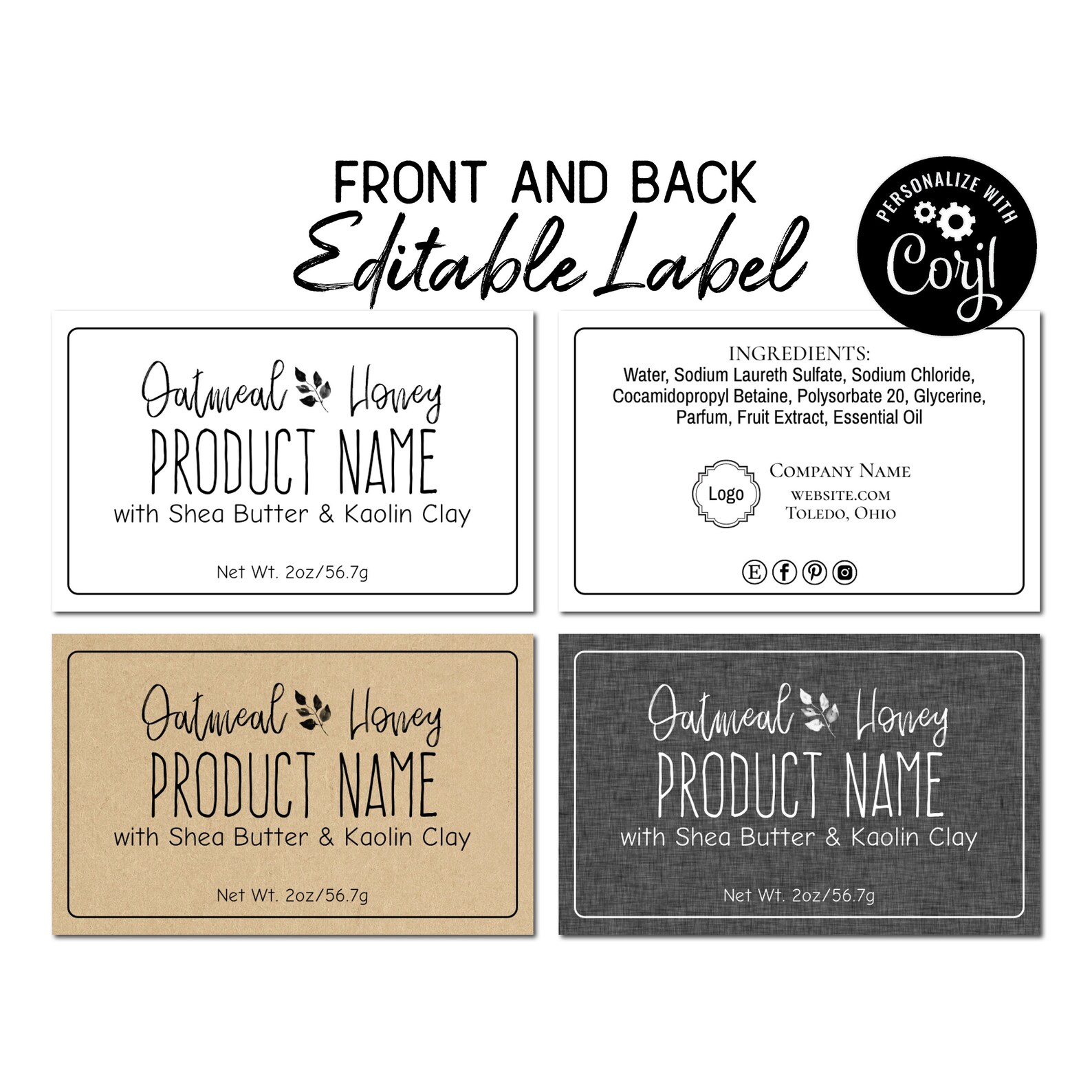 Small Jar Label Front & Back Editable Label Template. - Etsy