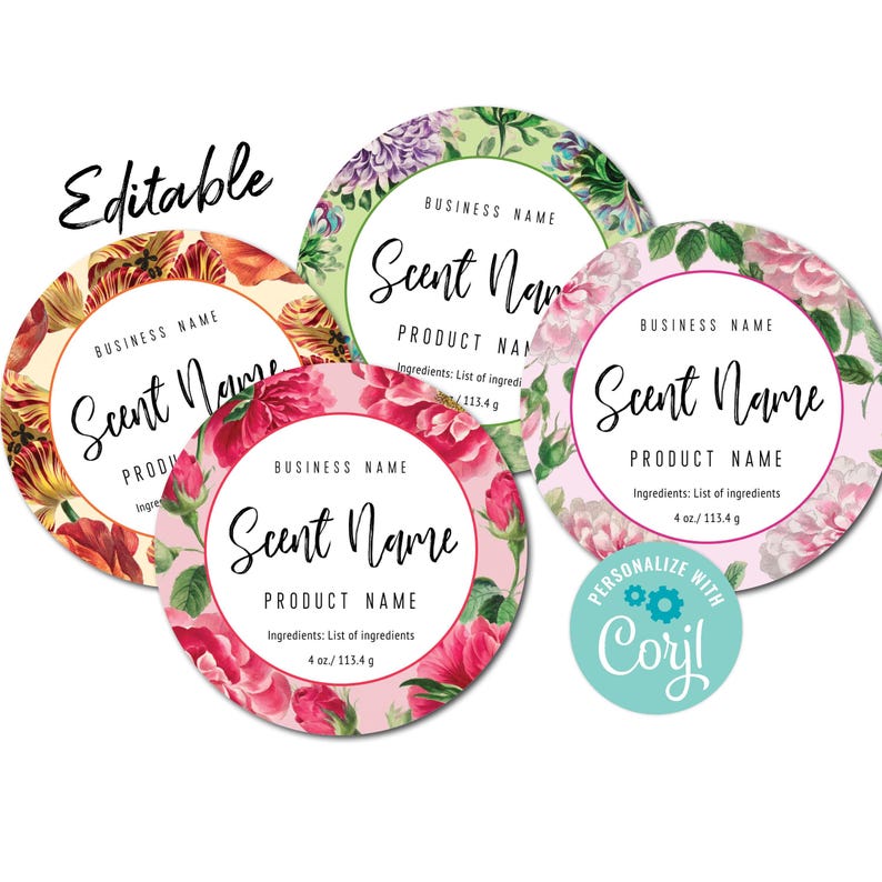 Editable Circle Label Template, Custom Floral Digital Product Sticker ...