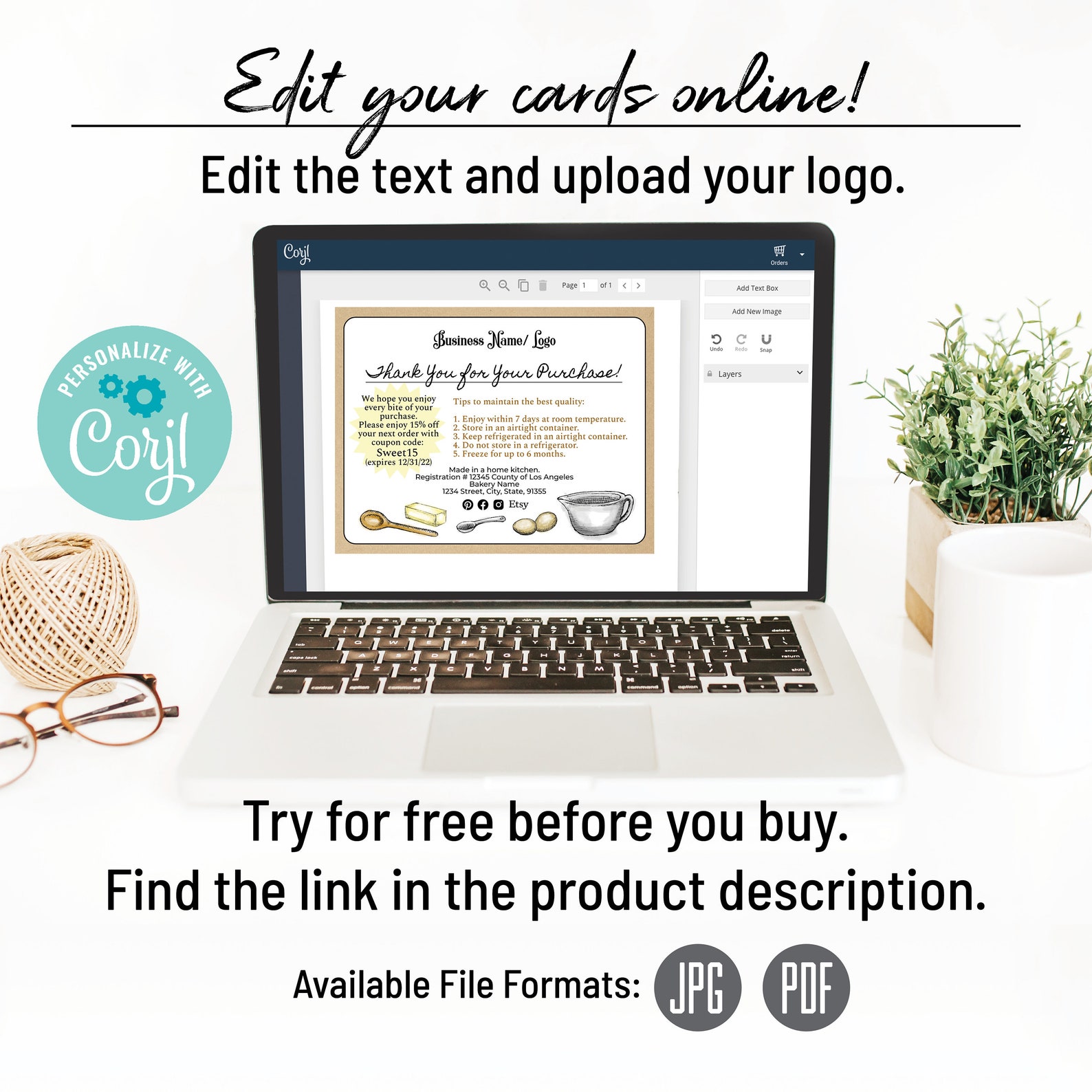 Baking Thank You Care Card Template. Custom Cake Cookie | Etsy