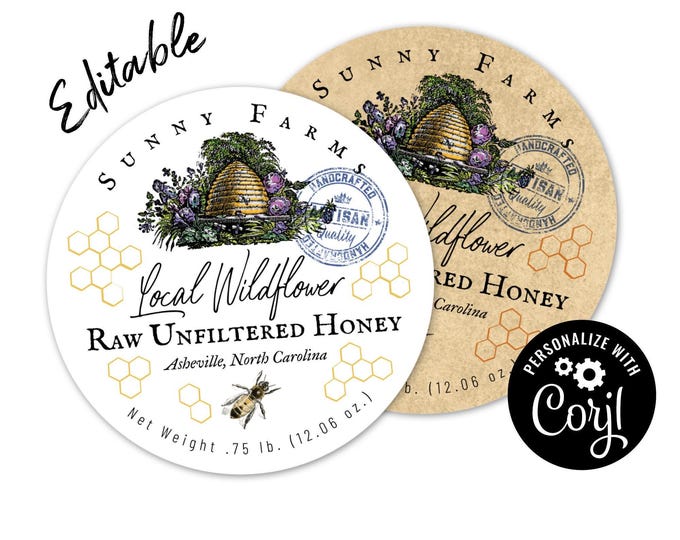 Vintage Honey Label Template. Custom Round Label for Honey Jars ...