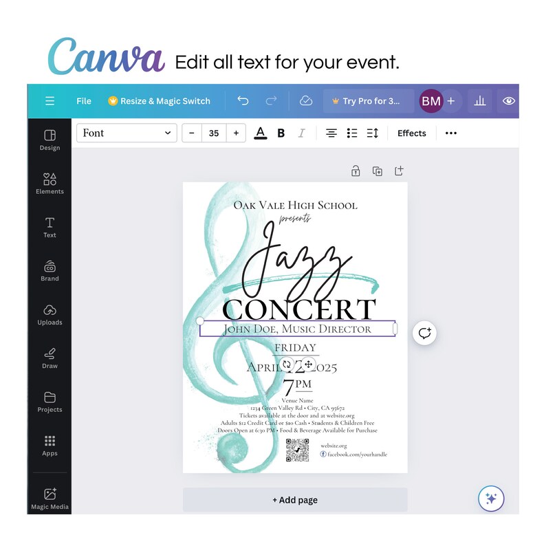Concert Poster Template + Brochure. Editable in Canva. Flyer for All ...