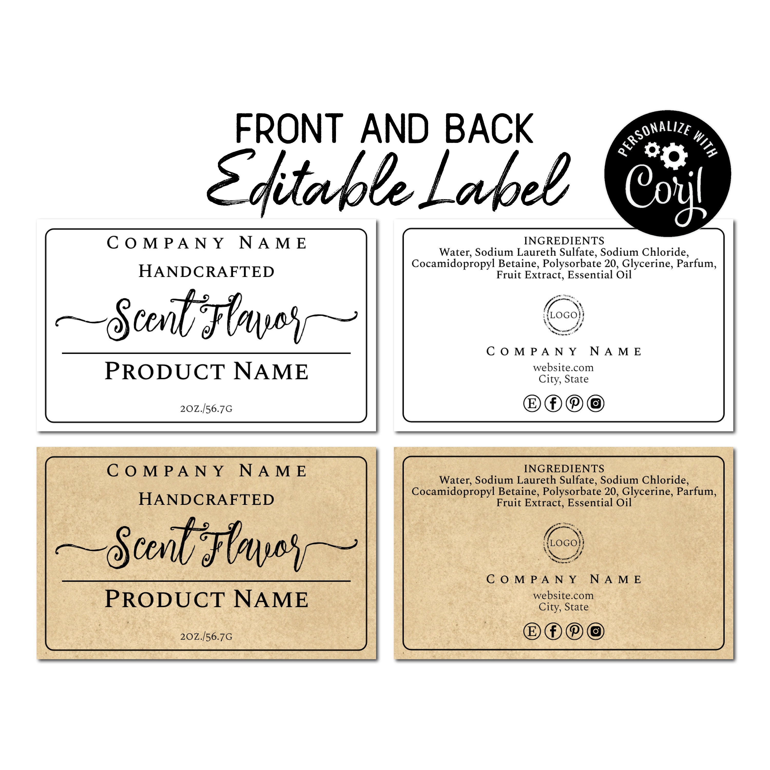 Small Jar Label Front & Back Editable Label Template Simply - Etsy