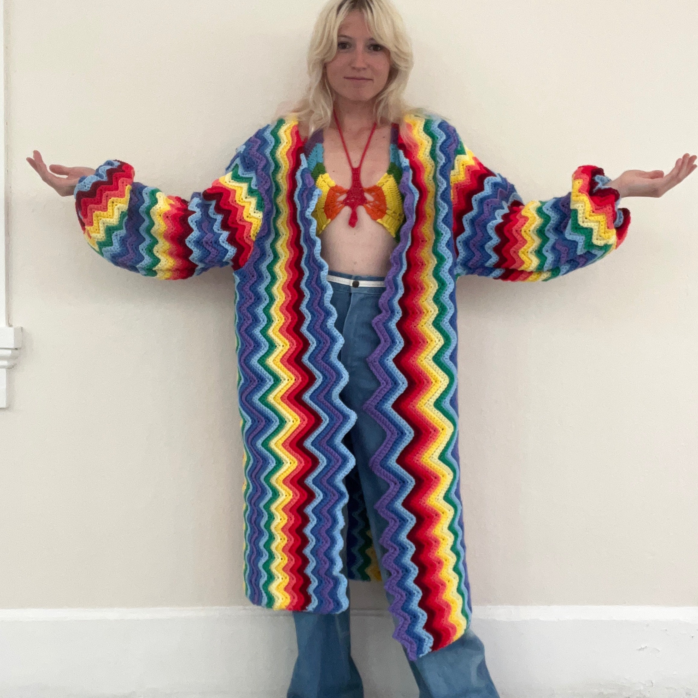 Upcycled Vintage Afghan Sweater Duster Rainbow Zigzag Chevron Colorful ...