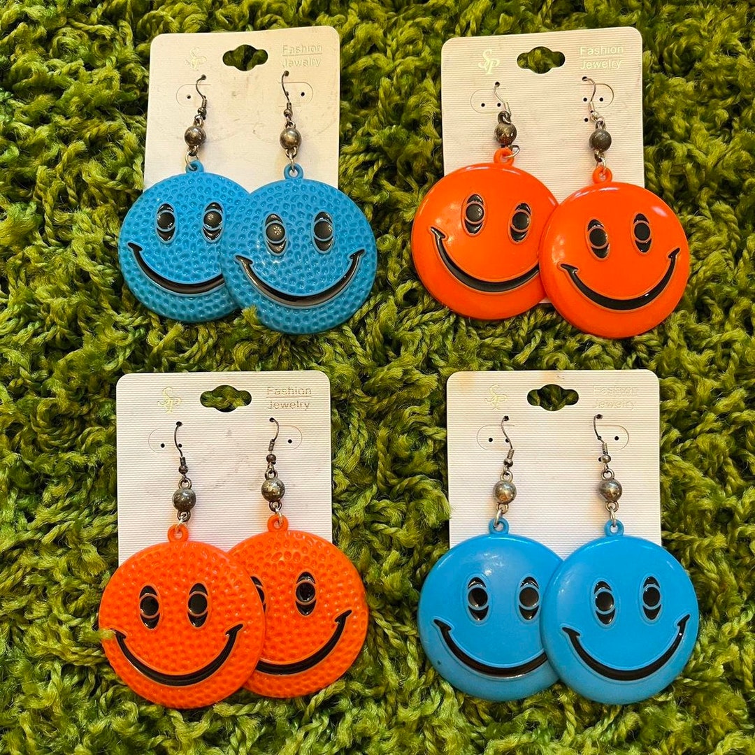 Vintage 90s Orange and Blue Large Smiley Face Earrings // Hippie Groovy ...