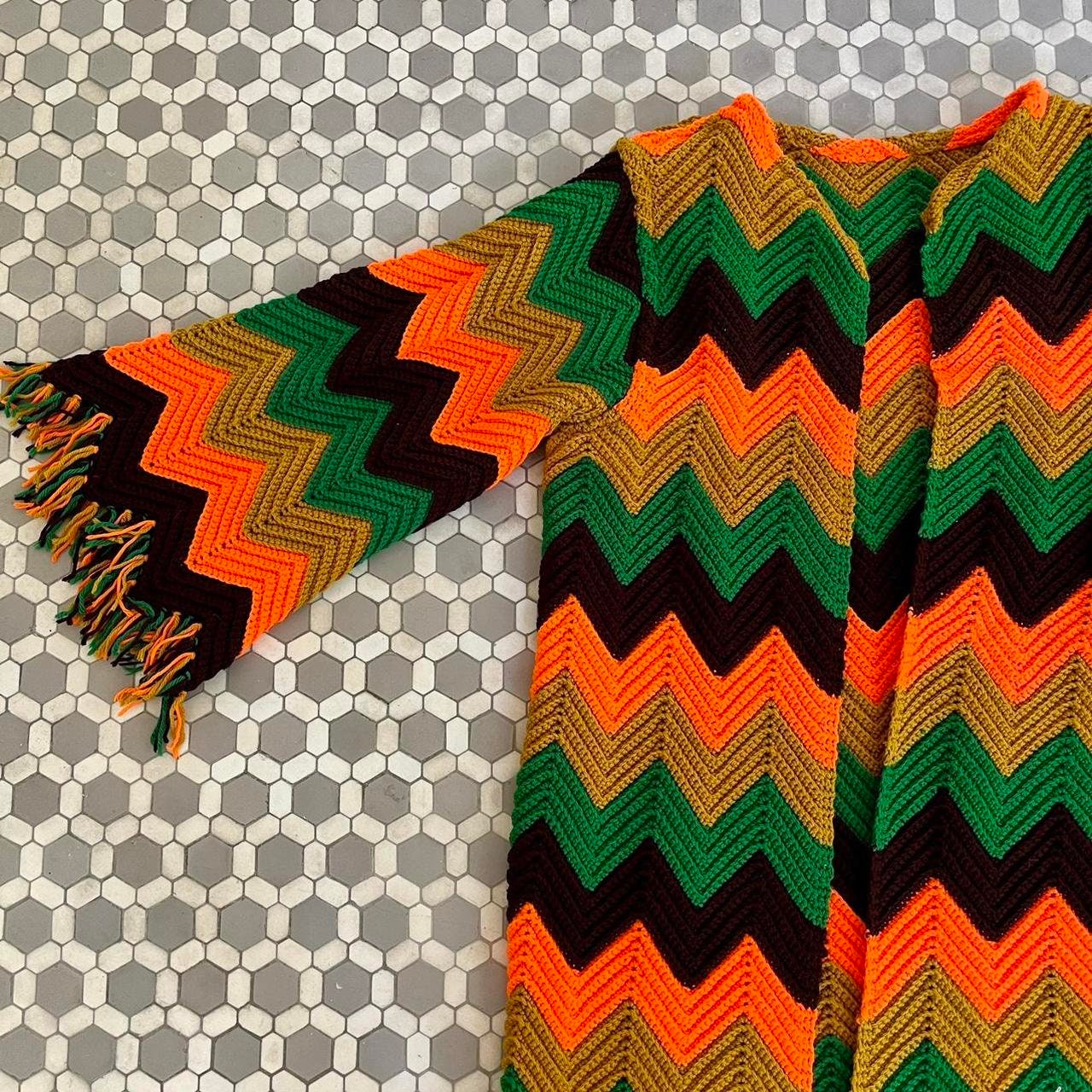 Upcycled Vintage Afghan Sweater Duster Orange Green Brown Zigzag ...