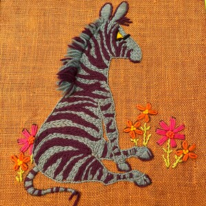 Vintage 1970s Zebra Cartoon Framed Crewel // Green Blue Burlap Paragon ...