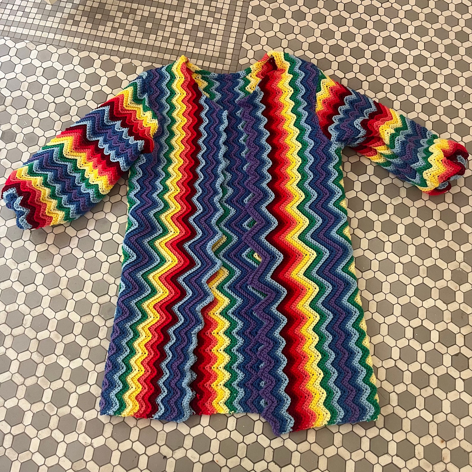 Upcycled Vintage Afghan Sweater Duster Rainbow Zigzag Chevron Colorful ...