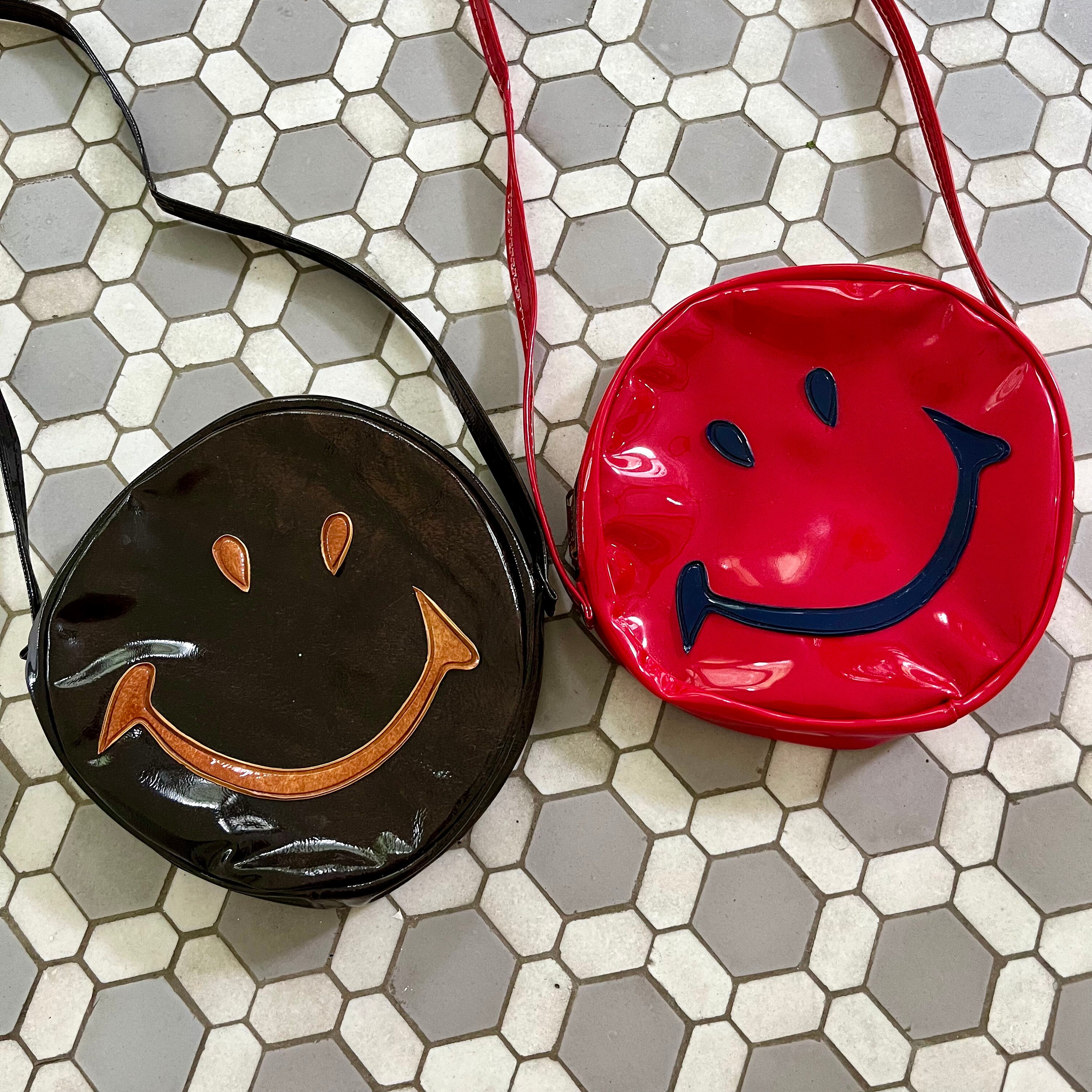 Vintage 1970s Black Smiley Face Round Vinyl Tote Bag Small Mini ...