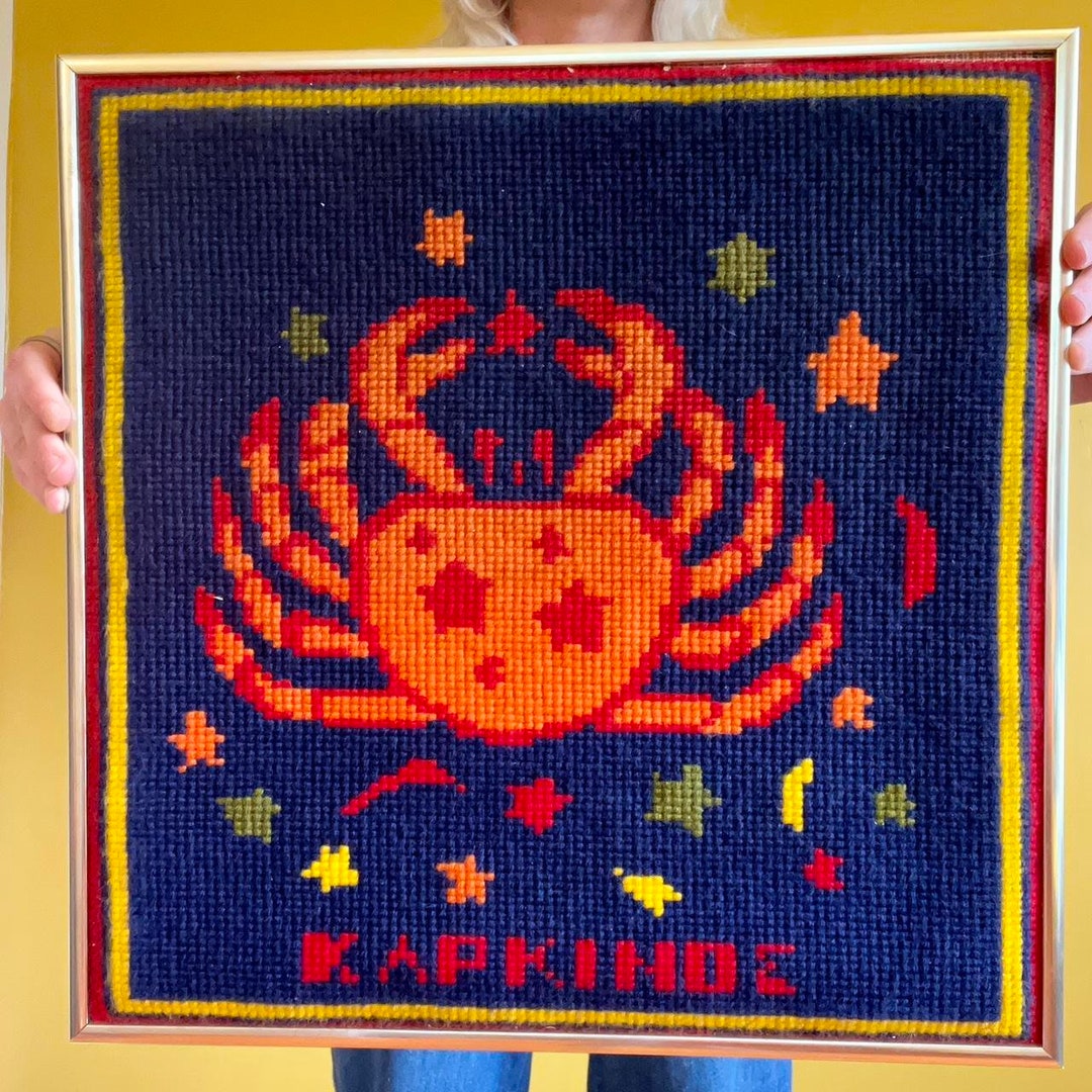Vintage 1970s Blue Orange Crab Cancer Astrology Needlepoint Wall Art ...