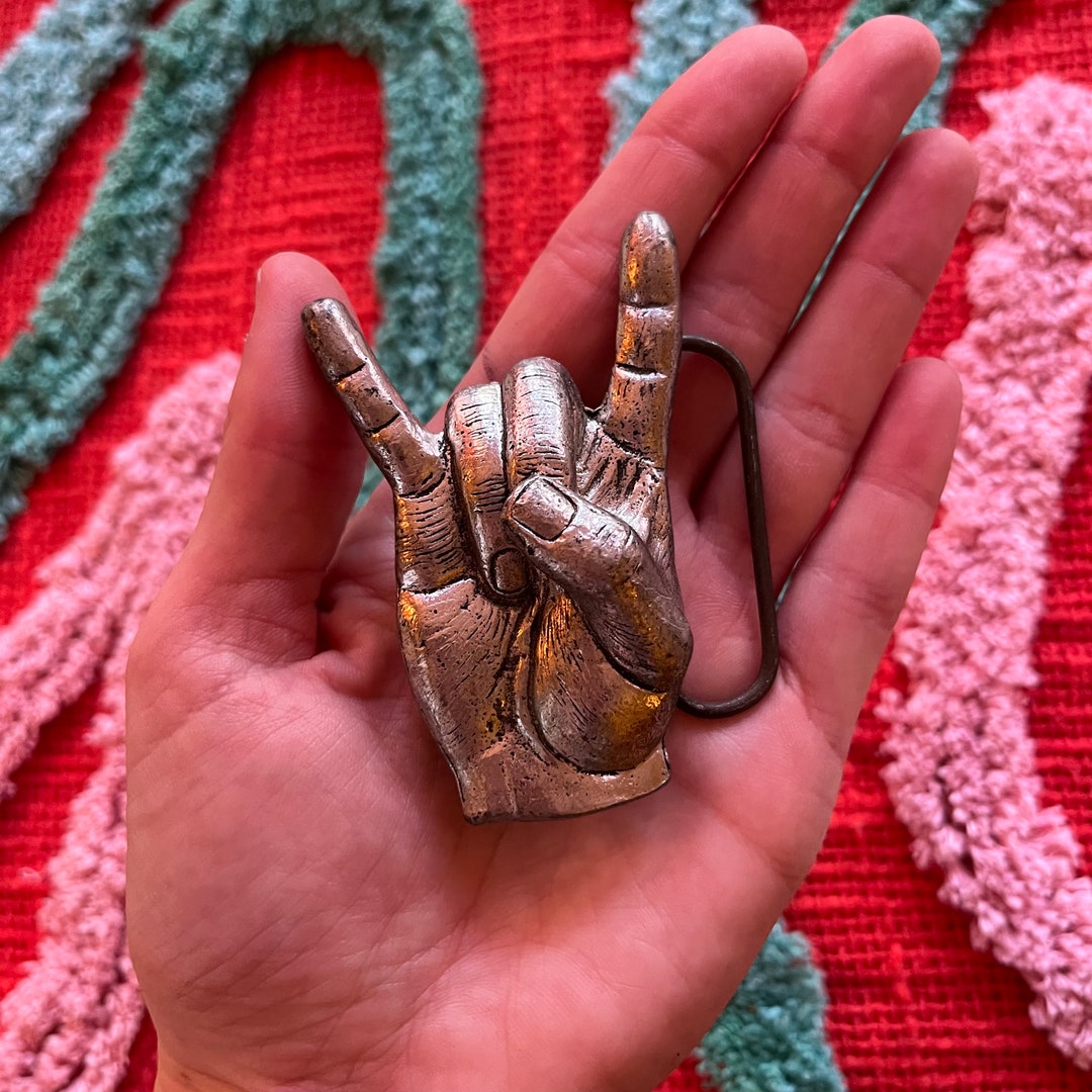 Vintage Y2k Hand Rock on Silver Belt Buckle // Groovy Hippie Novelty ...