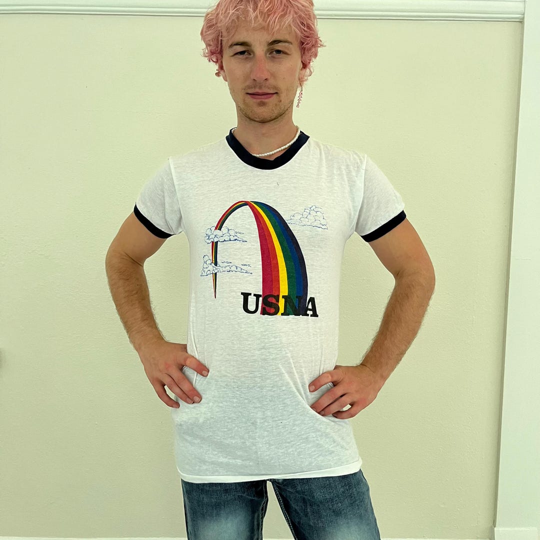 Vintage 1970s 80s USNA Rainbow Ringer Graphic Tee T Shirt Top Short ...
