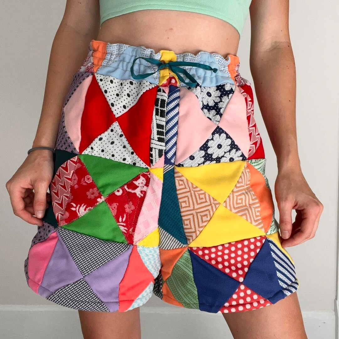 Upcycled Quilt Top Shorts // Rainbow Polyester Groovy Lounge Drawstring ...