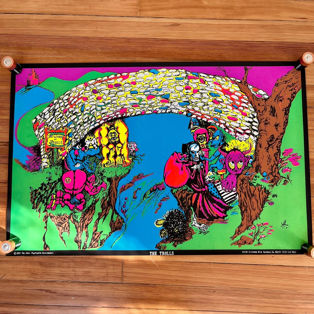Vintage 1971 Psychedelic Blacklight Poster Trolls Trippy Neon Rainbow ...