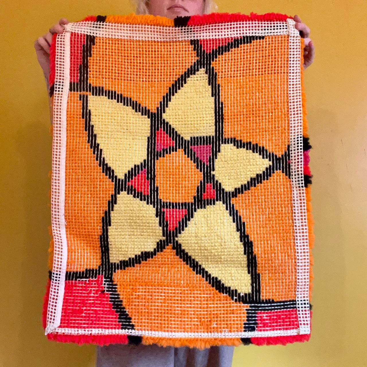 Vintage 1970s Orange Abstract Latch Hook Rug Wall Art Tapestry // 20 X ...
