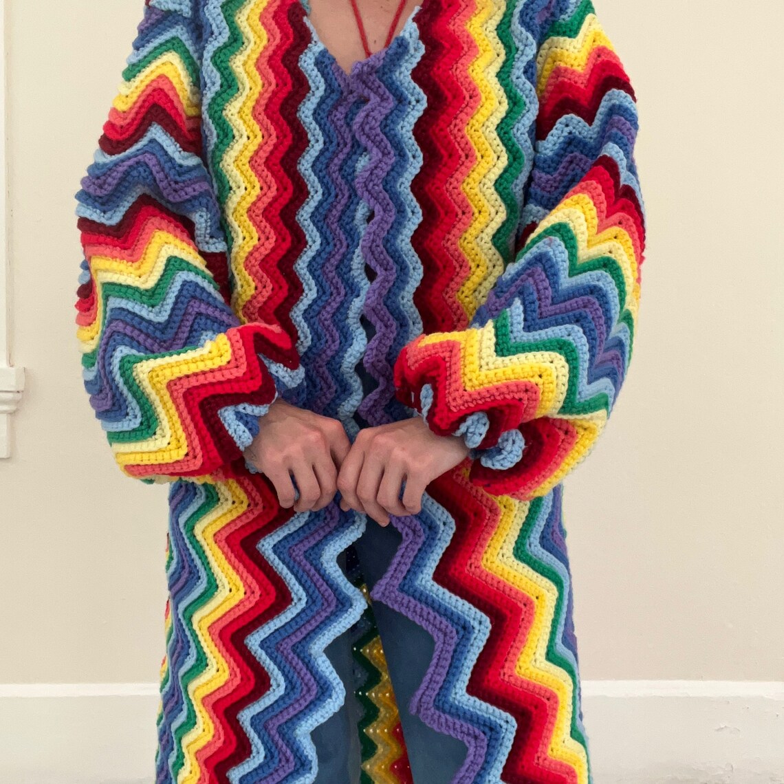 Upcycled Vintage Afghan Sweater Duster Rainbow Zigzag Chevron Colorful ...