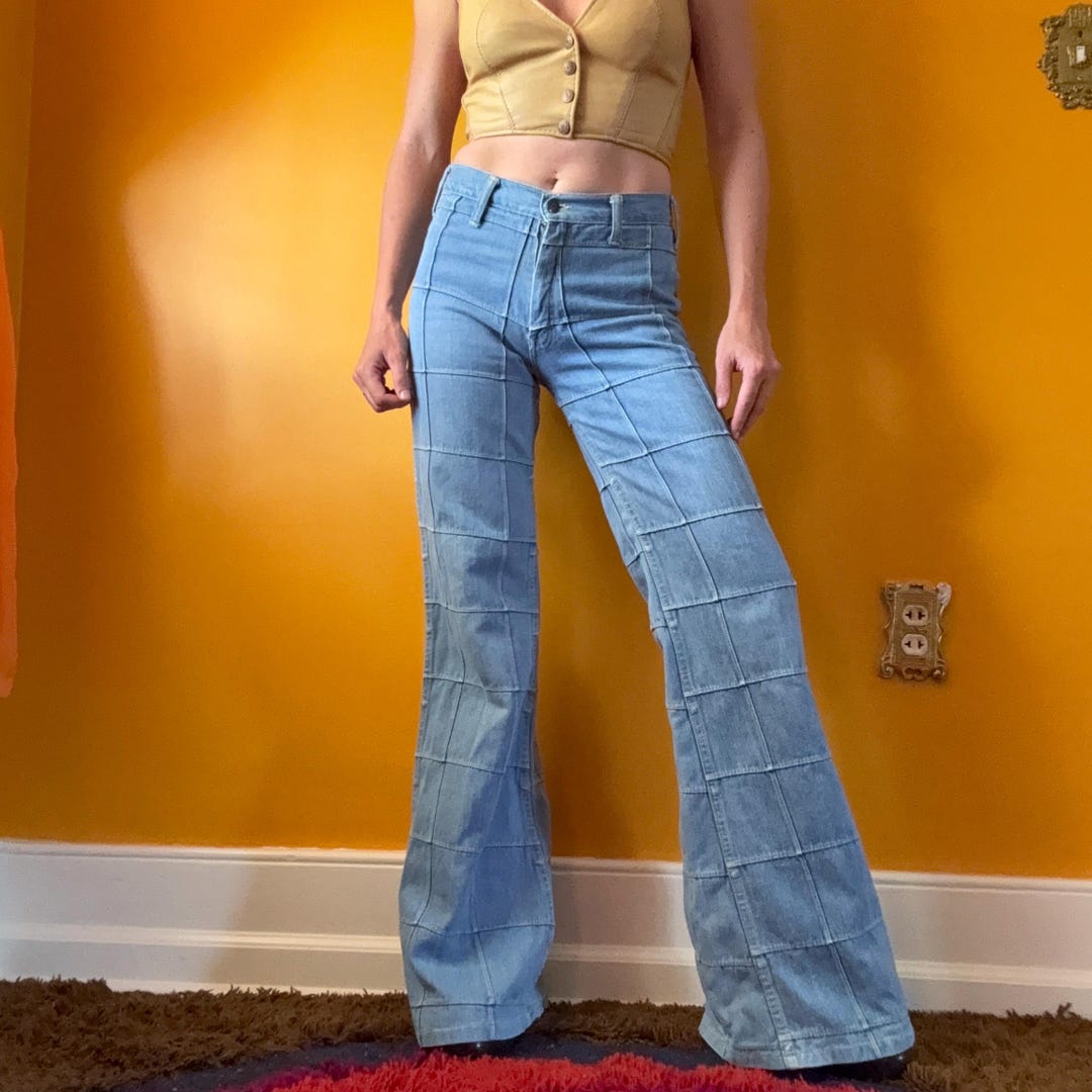 Vintage 1970s Window Pane Denim Bellbottoms Jeans Flare // Small // Groovy Hippie Patchwork ...