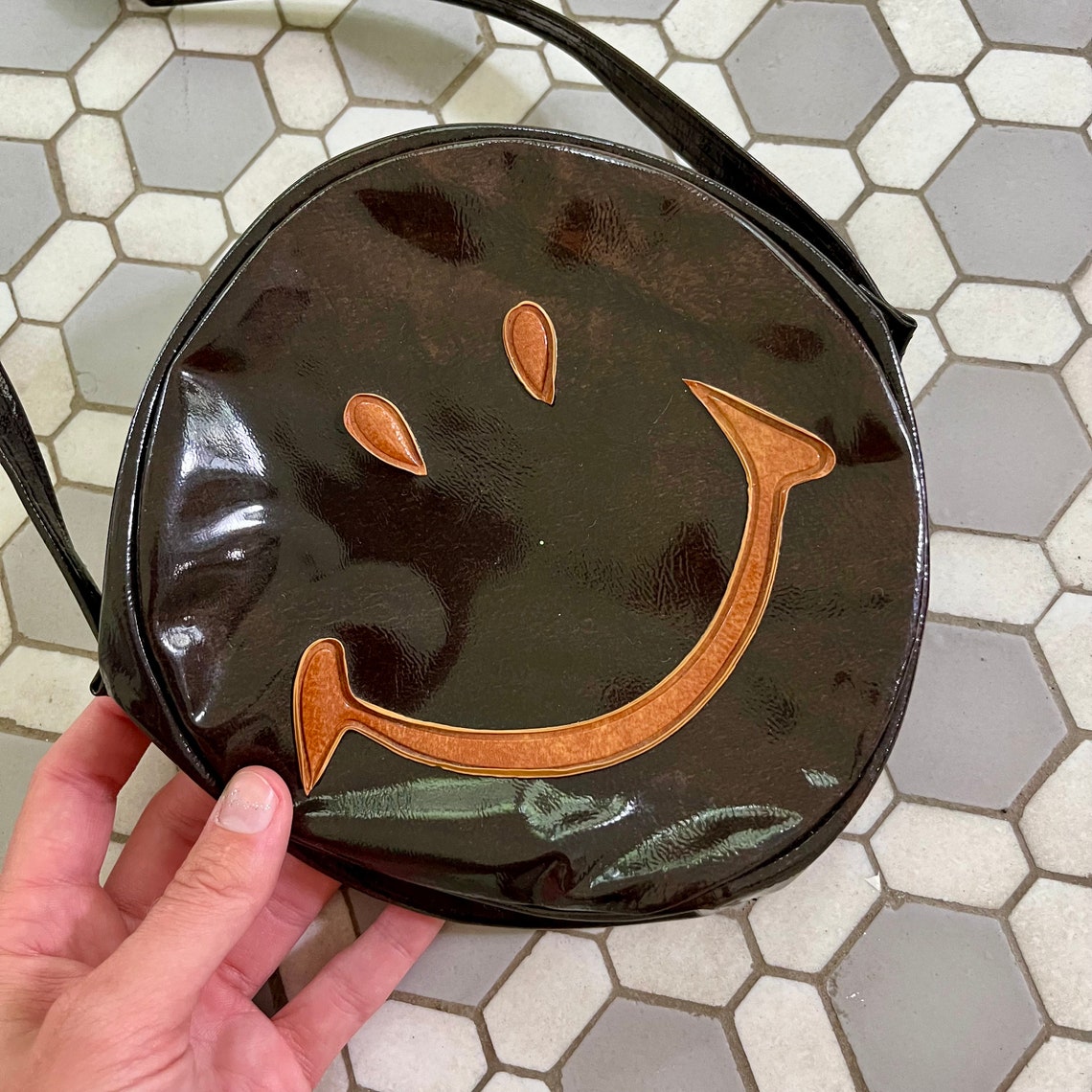 Vintage 1970s Black Smiley Face Round Vinyl Tote Bag Small Mini ...
