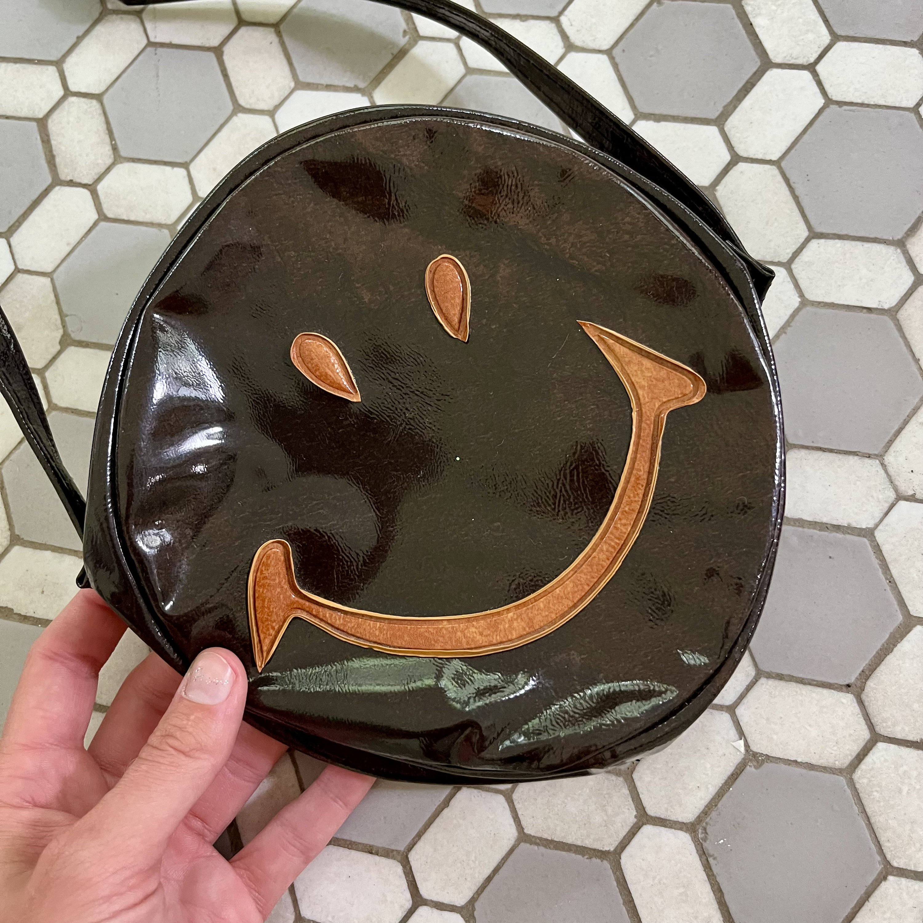 Vintage 1970s Black Smiley Face Round Vinyl Tote Bag Small Mini ...