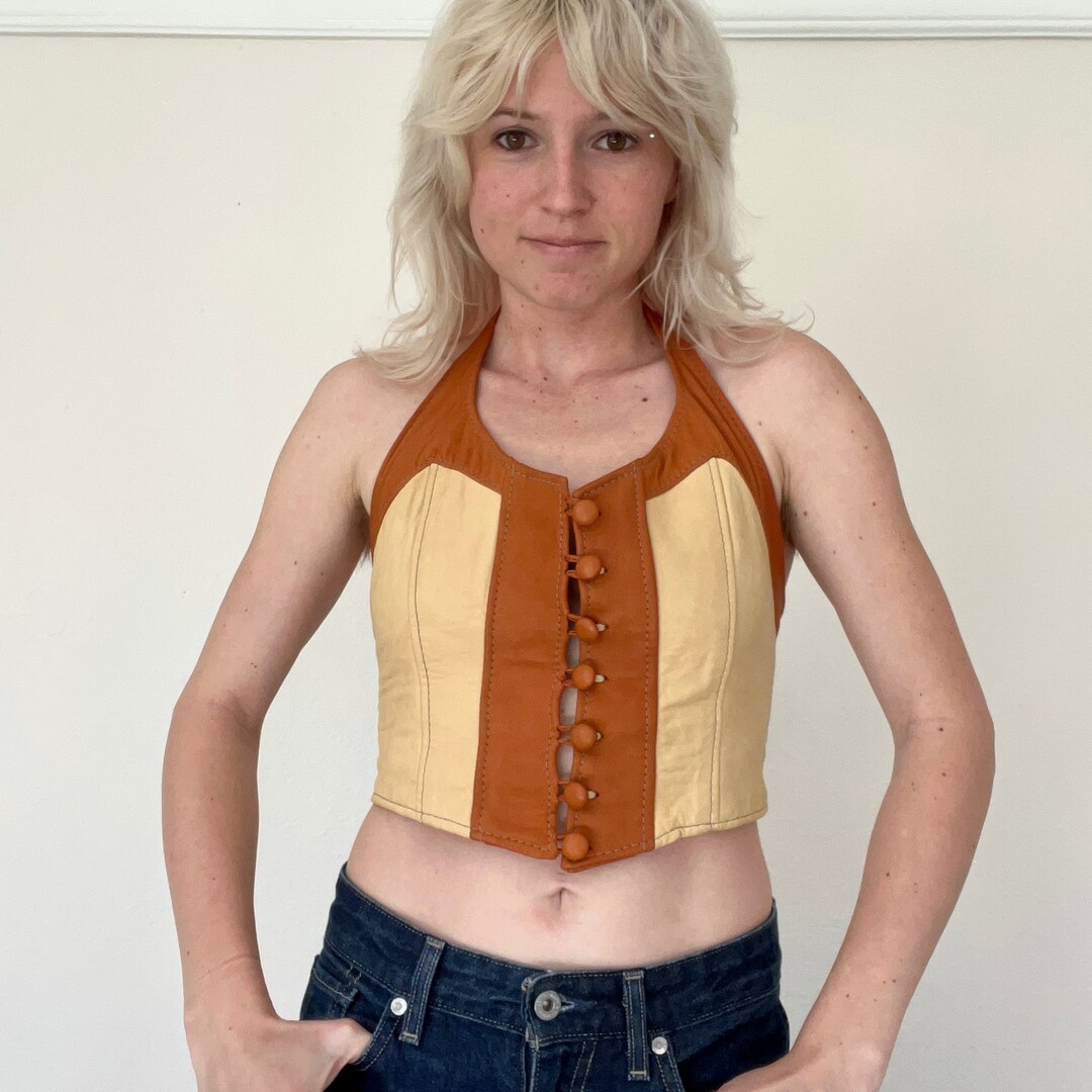 Vintage Two Tone Buckskin Leather Halter Top Crop Top Tan Brown ...