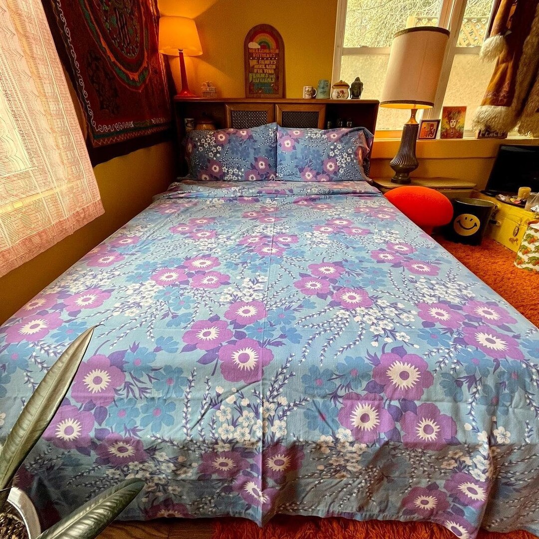 Vintage 1970s Blue Purple Flower Power Sheet Set // Full Double ...