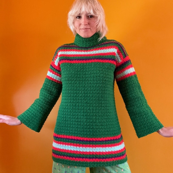 Vintage 1970s 80s Green Handmade Crochet Pullover Swe… - Gem