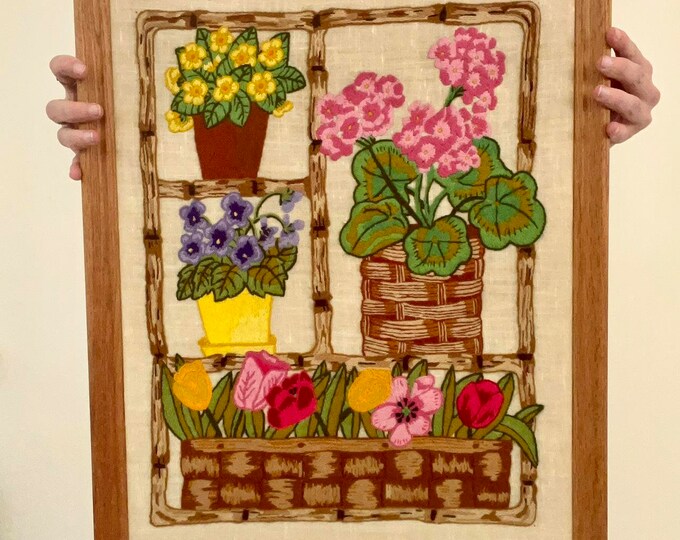 Vintage 1970s Colorful Floral Framed Crewel 18 X 22'' // 70s Hippie ...