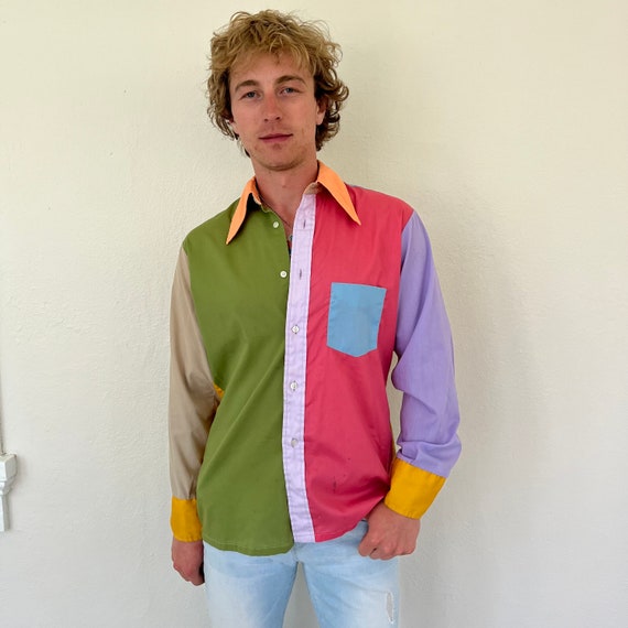 Vintage 1970s Rare Color Block Patchwork Shirt Top Bu… - Gem