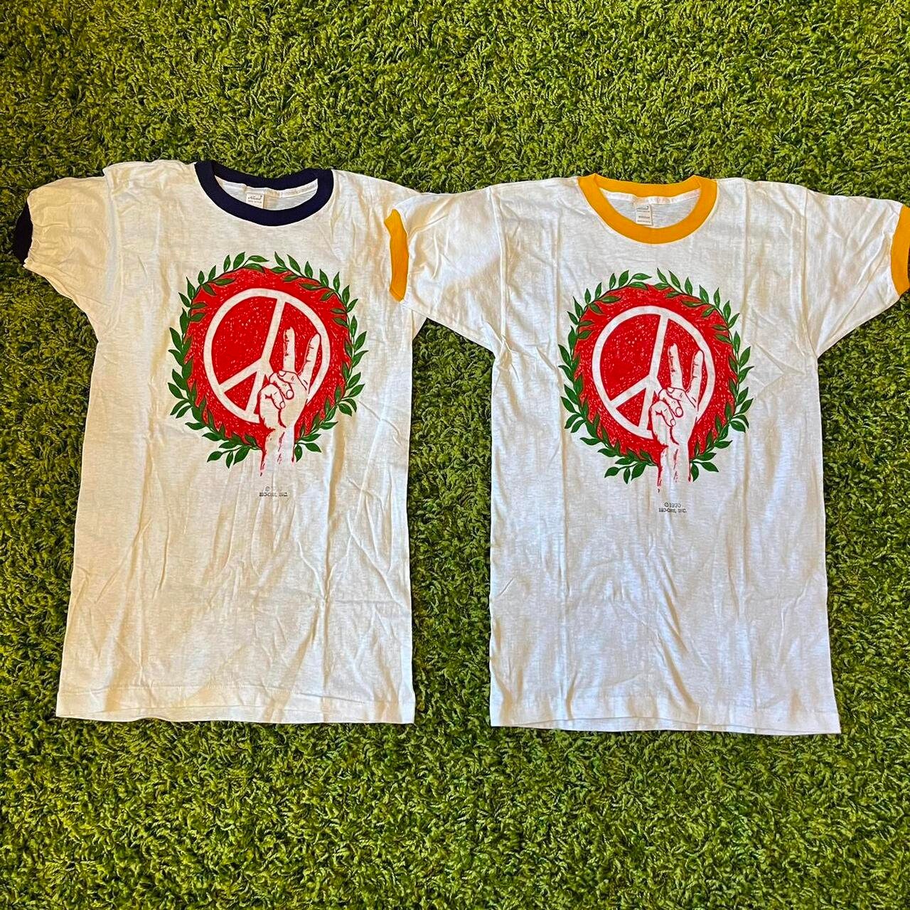 Vintage 1970s Peace Sign Ringer Graphic Tee T Shirt Top Short Sleeved ...