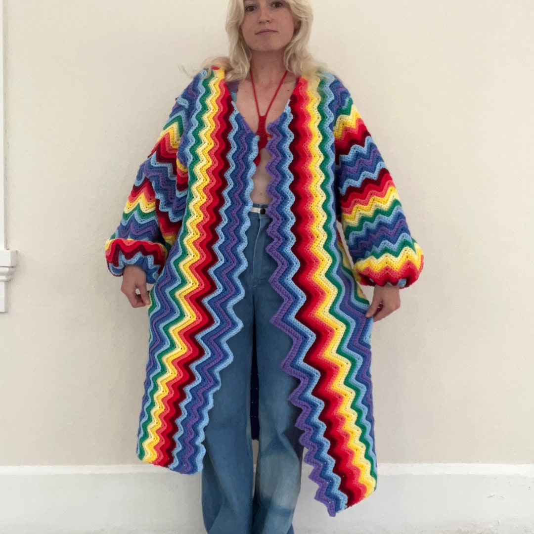 Upcycled Vintage Afghan Sweater Duster Rainbow Zigzag Chevron Colorful ...