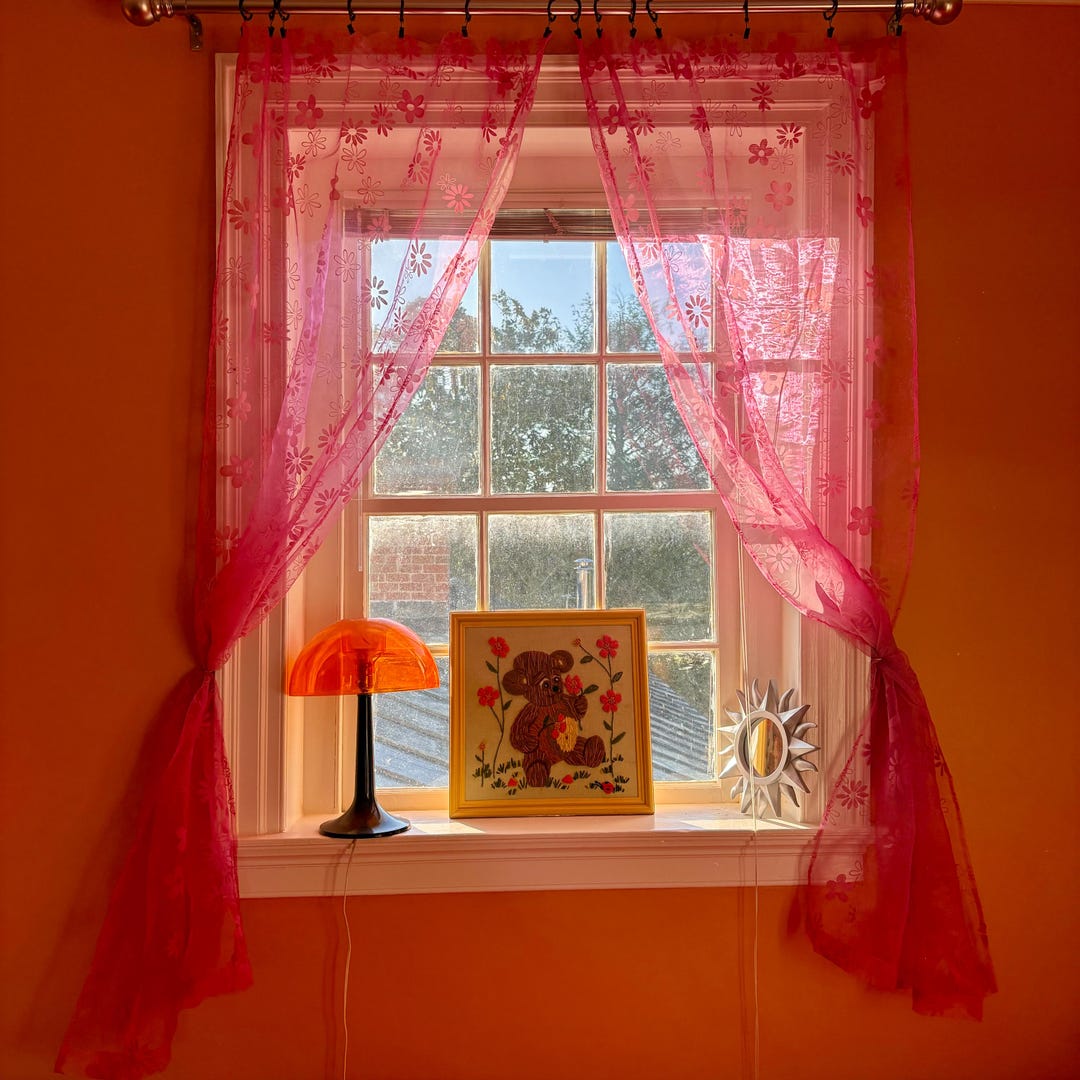 Vintage 90s Y2k Hot Pink Mesh Flower Power Floral Sheer Curtains Set of 2 Panels // Drapes Neon ...