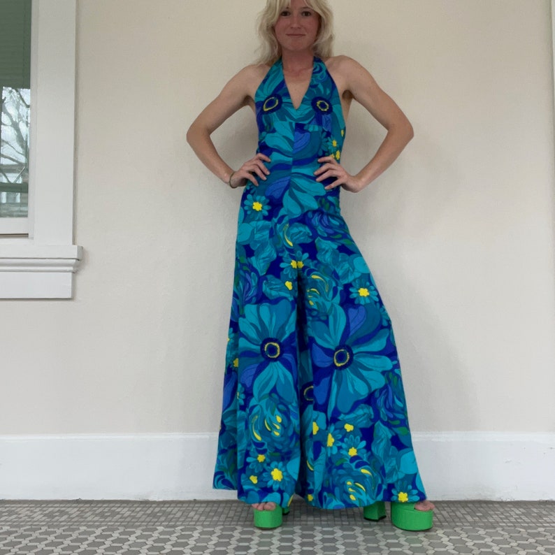 Vintage 1970s Blue Flower Power Jumpsuit // Small // 70s 60s ...